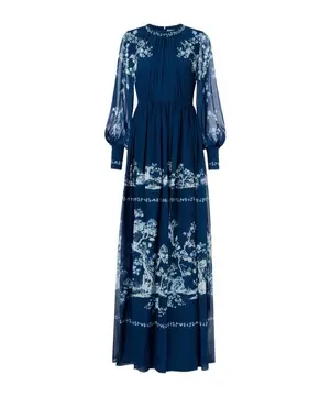 Erdem Floral Ruched Silk Gown - Blue