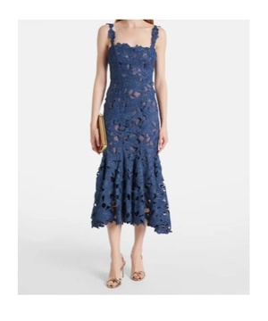 Oscar De La Renta Guipure Lace Floral Embroidered Midi Dress
