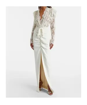 Alessandra Rich Lace Gown With Plunge Neckline And Front Slit