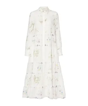 Erdem Floral Printed Tiered Linen Shirt Dress - White