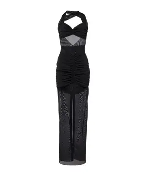 Alessandra Rich Ruched Sheer Mesh Maxi Dress - Black