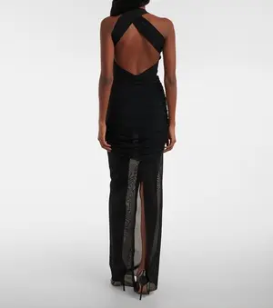 Alessandra Rich Ruched Sheer Mesh Maxi Dress