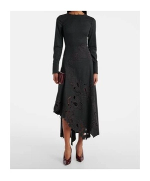 Oscar De La Renta Peony Asymmetric Wool Midi Dress With Floral Embroidery