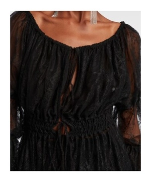Blumarine Floral Chantilly Lace Top With Front Ties - Black
