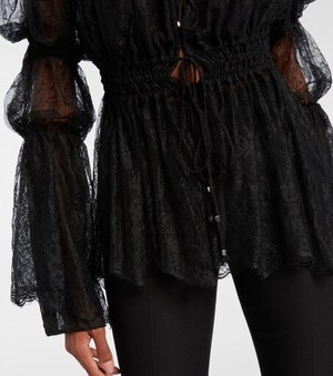 Blumarine Floral Chantilly Lace Top With Front Ties - Black