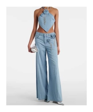 AREA Embellished Floral-appliqué Cotton Halter Top - Blue