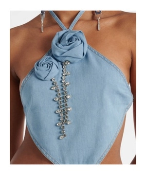 AREA Embellished Floral-appliqué Cotton Halter Top - Blue