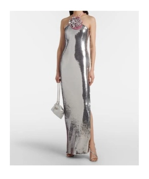 RODARTE Sequined Halterneck Gown With Floral Appliqu - Gray