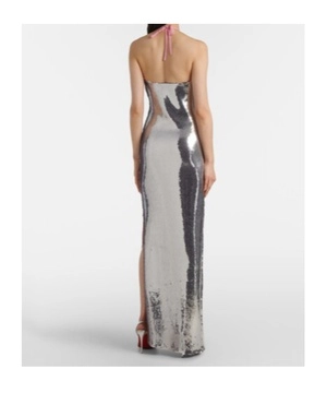 RODARTE Sequined Halterneck Gown With Floral Appliqu - Gray