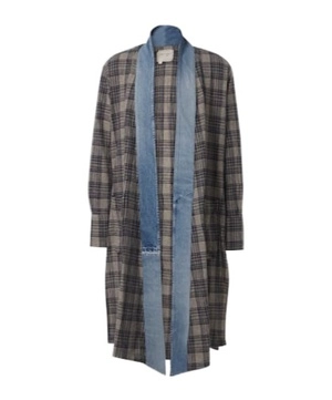 GREG LAUREN Cotton Coat With Plaid Denim Piping - Black