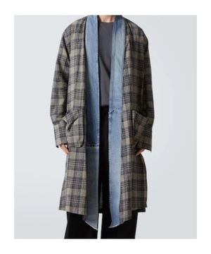 GREG LAUREN Cotton Coat With Plaid Denim Piping