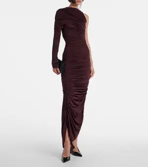 MUGLER Pleated Off-shoulder Mid-length Dress