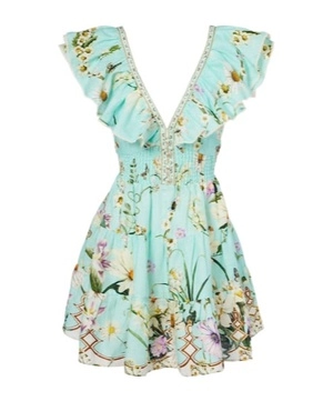 Camilla Floral Embellished Linen Minidress - Green