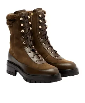 AQUAZZURA Shearling-trimmed Suede Lace-up Boots - Brown