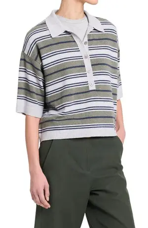 TWP Stripe Half Placket Stretch Wool Polo Sweater