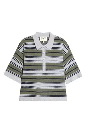 TWP Stripe Half Placket Stretch Wool Polo Sweater