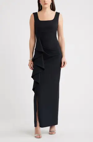Chelsea28 Ruffle Drape Square Neck Maxi Gown Black