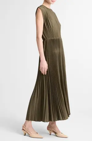 Vince Chevron Pleated Sleeveless Midi Dress