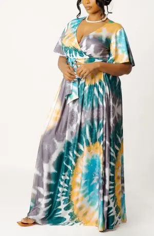 BUXOM COUTURE Printed Tie-front Top And Maxi Skirt Set - Blue Multi