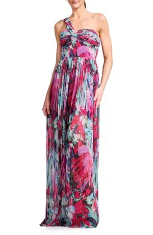Dress The Population Idalia Metallic Abstract Floral Print One-shoulder Gown - Bright Fuchsia Multi