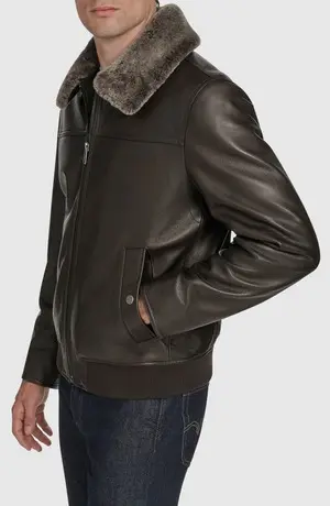 Andrew Marc Leather Aviator Jacket With Removable Genuine Shearling Collar - Chocolate