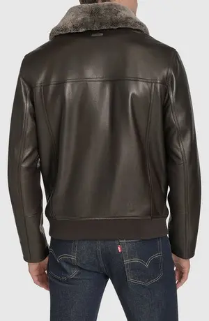 Andrew Marc Leather Aviator Jacket With Removable Shearling Collar - Chocolate
