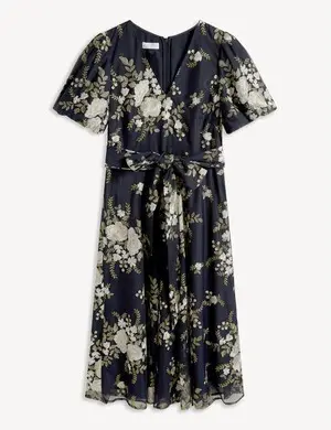 HOBBS LONDON Embroidered V-neck Belted Midi Dress