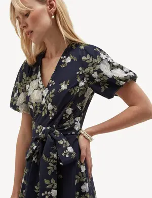 HOBBS LONDON Embroidered V-neck Belted Midi Dress