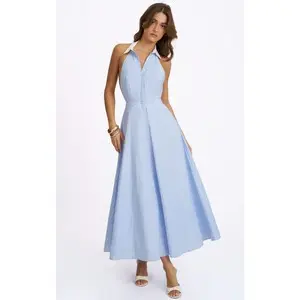 MISS CIRCLE NEW YORK Winslet Striped Cotton Poplin Halter Maxi Dress - Sky Blue