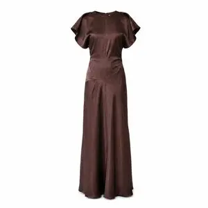 LENDROP STUDIOS Freya Dress Espresso Satin Midi Dress With Flutter Sleeves And Open Back