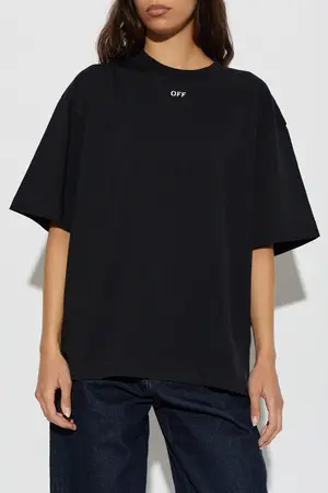 Off-White Cotton T-shirt With Embroidered Logo And Floral Motif