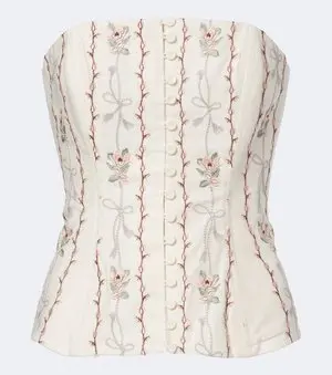 Agua Bendita Abelia Floral Embroidered Linen Corset - White