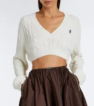 Prada Cable-knit Cropped V-neck Sweater