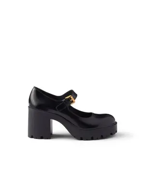 Prada Brushed Leather Mary Jane Pumps With Metal Buckle