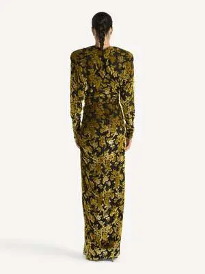 Balmain Long Velvet Jacquard Floral Dress