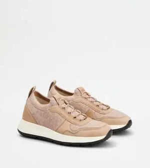 TOD'S Knit And Suede Sock Sneakers With Red Dot Detailing - Pink