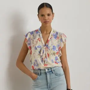 Ralph Lauren Floral Pintucked Tie-neck Blouse - Cream Multi