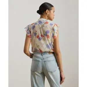 Ralph Lauren Floral Pintucked Tie-neck Blouse - Cream Multi