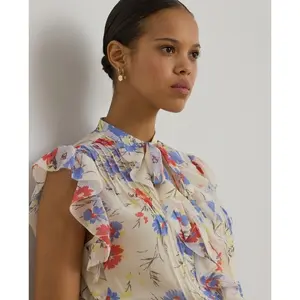 Ralph Lauren Floral Pintucked Tie-neck Blouse - Cream Multi