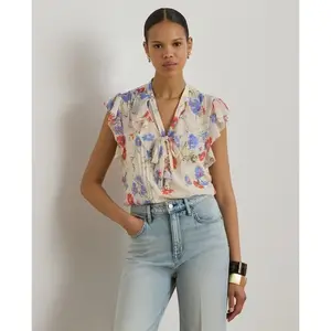 Ralph Lauren Floral Pintucked Tie-neck Blouse - Cream Multi