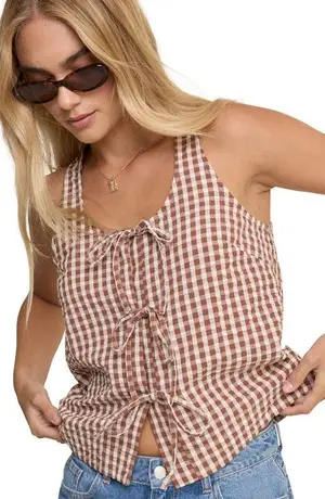 NOBODY'S CHILD Thea Gingham Tie Front Cotton Top