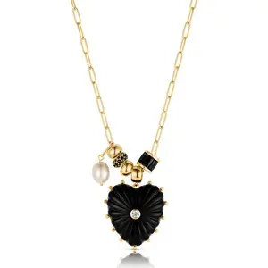 THATCH Soirée Necklace With Heart Charm And Faux Pearl - Onyx