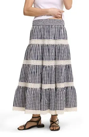 NOBODY'S CHILD Tiered Lace Trim Gingham Cotton Maxi Skirt