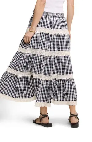 NOBODY'S CHILD Tiered Lace Trim Gingham Cotton Maxi Skirt