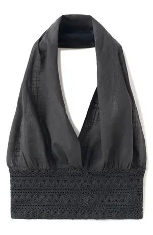 Mango Crochet Trim Cotton Halter Crop Top - Charcoal