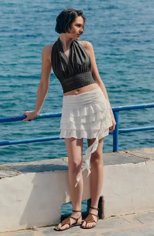 Mango Crochet Trim Cotton Halter Crop Top