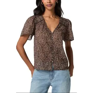 Paige Elodie Paisley Button Up Cotton Top - Dark Brown Multi