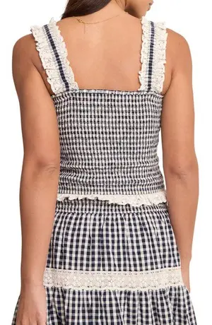 NOBODY'S CHILD Gingham Smocked Eyelet Lace Trim Top