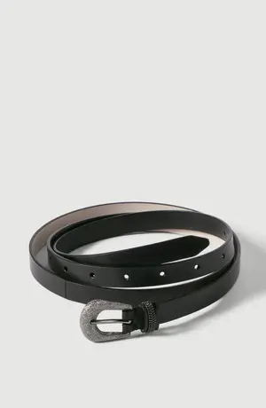 Brunello Cucinelli Vintage-effect Leather Belt With Shimmering Buckle And Shiny Loop