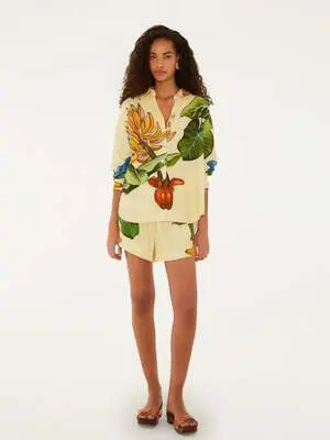 Farm Rio All-over Print Linen-blend Shorts With Elastic Drawstring Waist - Giallo
